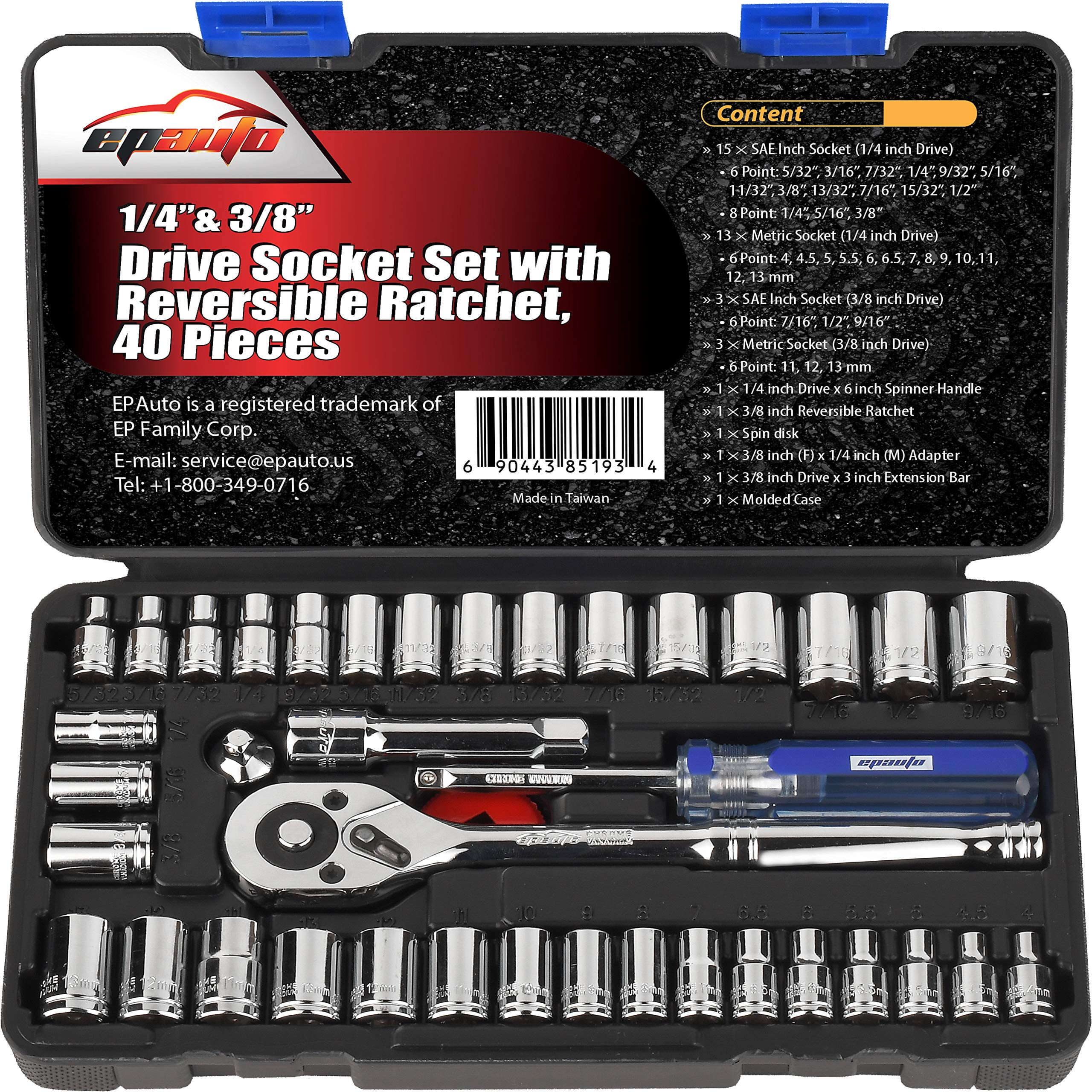 EPAuto 40-Piece Mechanic Tool Set - 1/4 & 3/8 Inch Drive Socket with 72 ...