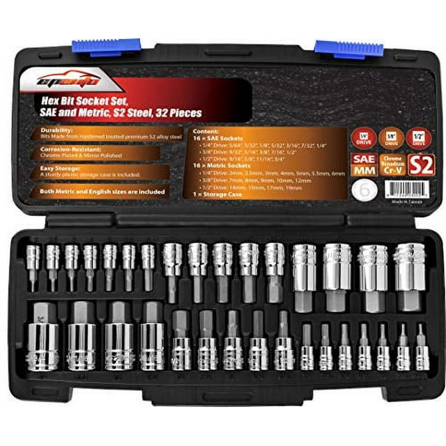 EPAuto 32 PCs Hex Bit Socket Set, SAE and Metric, S2 & Cr-V Steel ...
