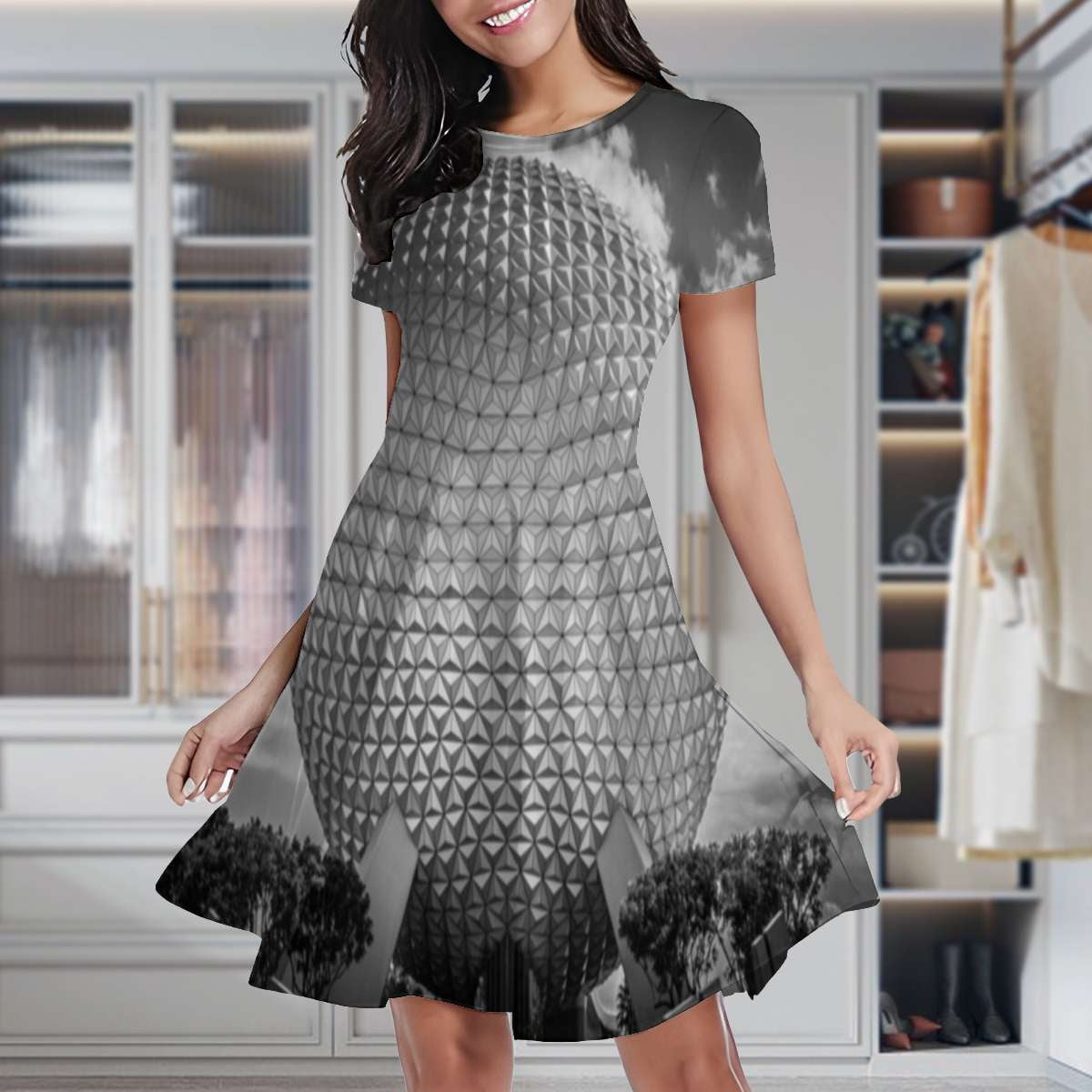 EPCOT Ball Black And White Women's Classic Swing Skater Dress Casual ...