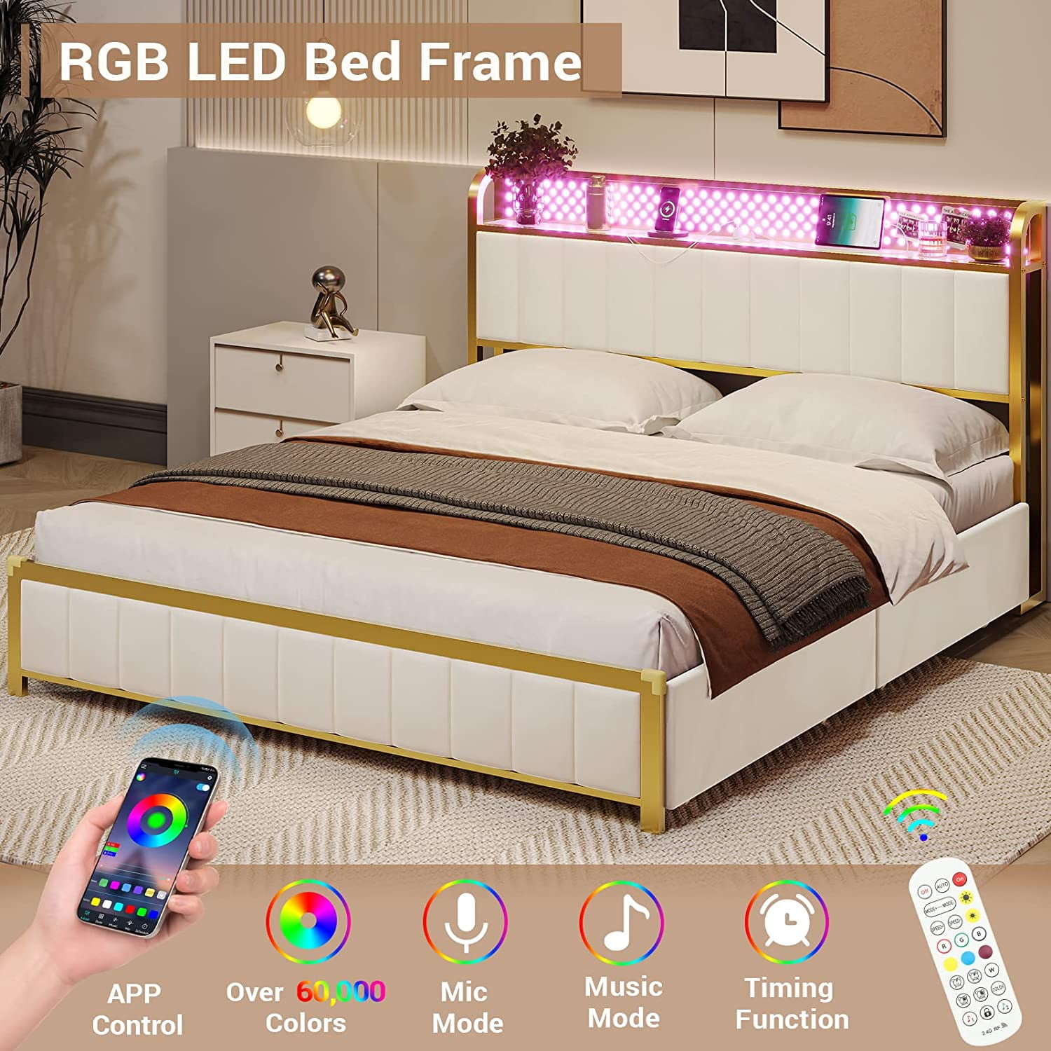 EPHEX LED Queen Bed Frame with Storage Drawers, Upholstered Metal ...