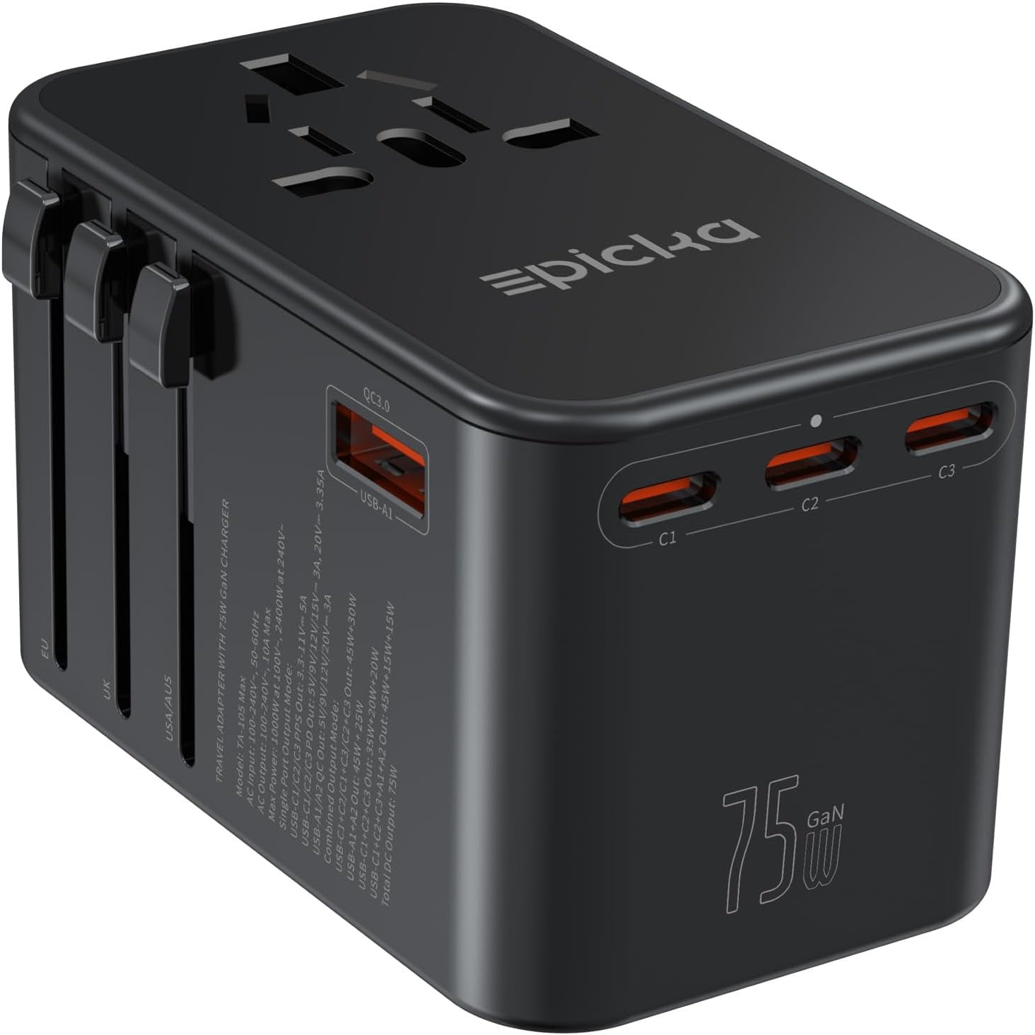 EPICKA Universal Travel Adapter, GaN 75W International Plug Adapter with 3 USB-C PD Fast ...