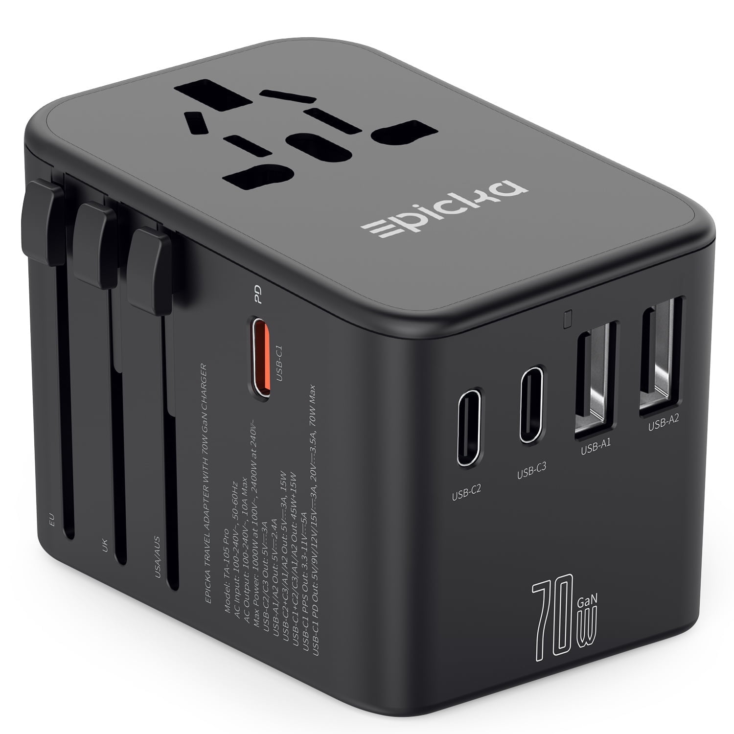 EPICKA Universal Travel Adapter, GaN International Plug Adapter with 3 USB-C 70W PD Fast ...