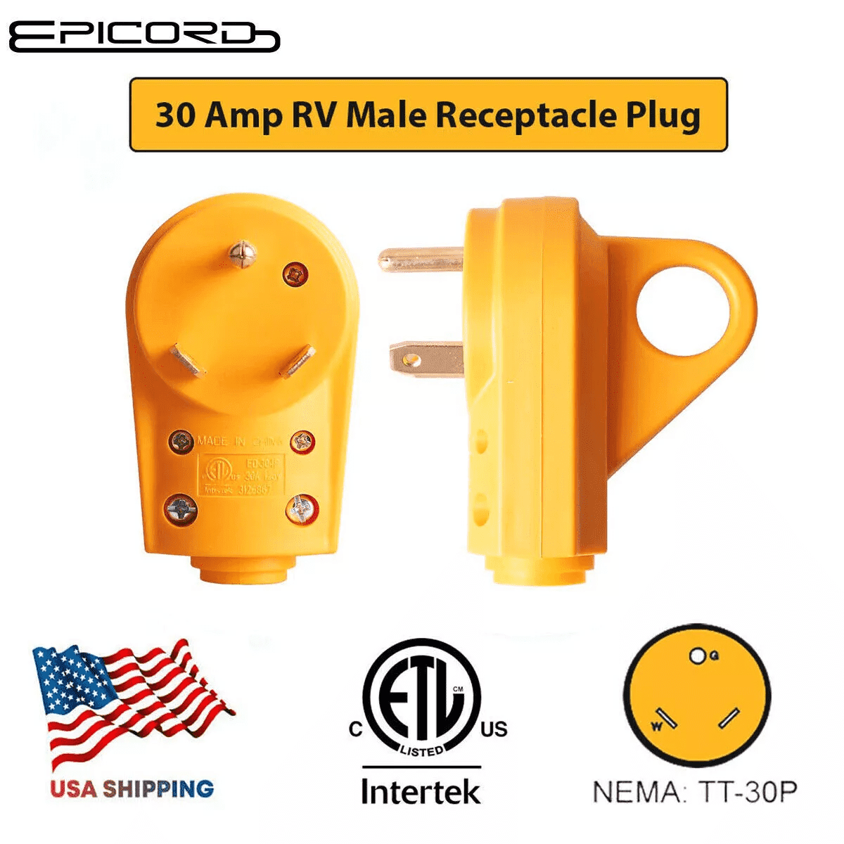 EPICORD 125V 30 AMP Heavy Duty RV Male Replacement Receptacle Plug ...