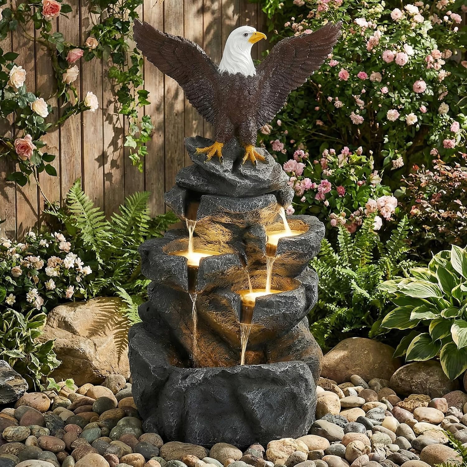 EPICOZY 37" H Bald Eagle Waterfall Fountain 5-Tier Rock Cascade Resin ...