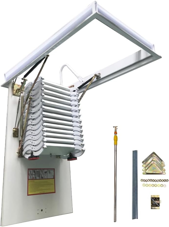 EQCOTWEA White Attic Pull Down Ceiling Ladder Stairs Retractable ...