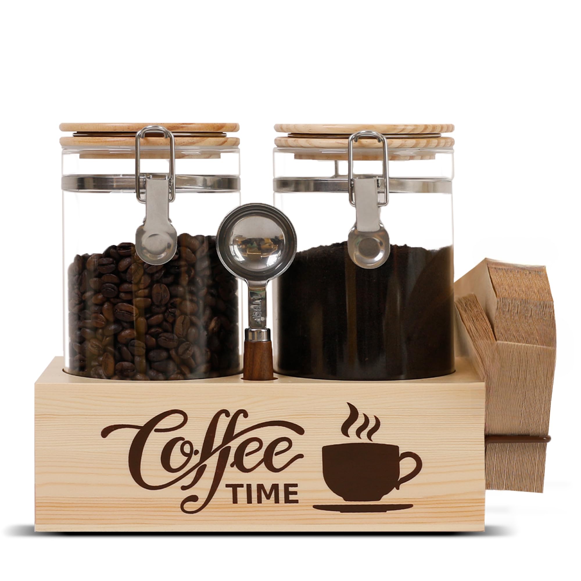 EQEY Glass Coffee Canister Set with Shelf & Spoon 2 Piece Coffee ...