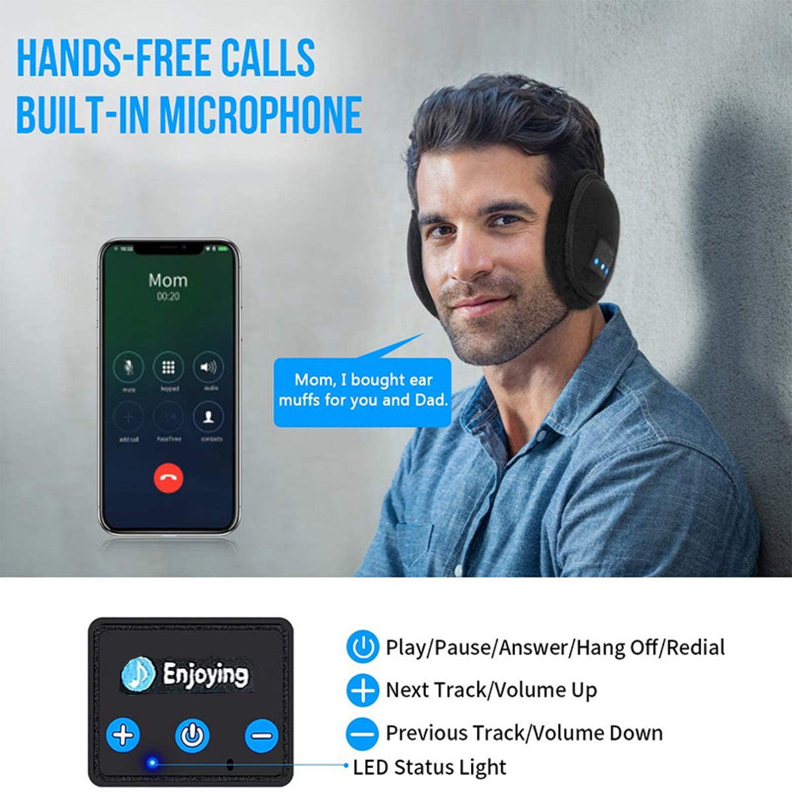 EQWLJWE Bluetooth Earmuffs, Wireless Ear Warmers with HD Speakers ...