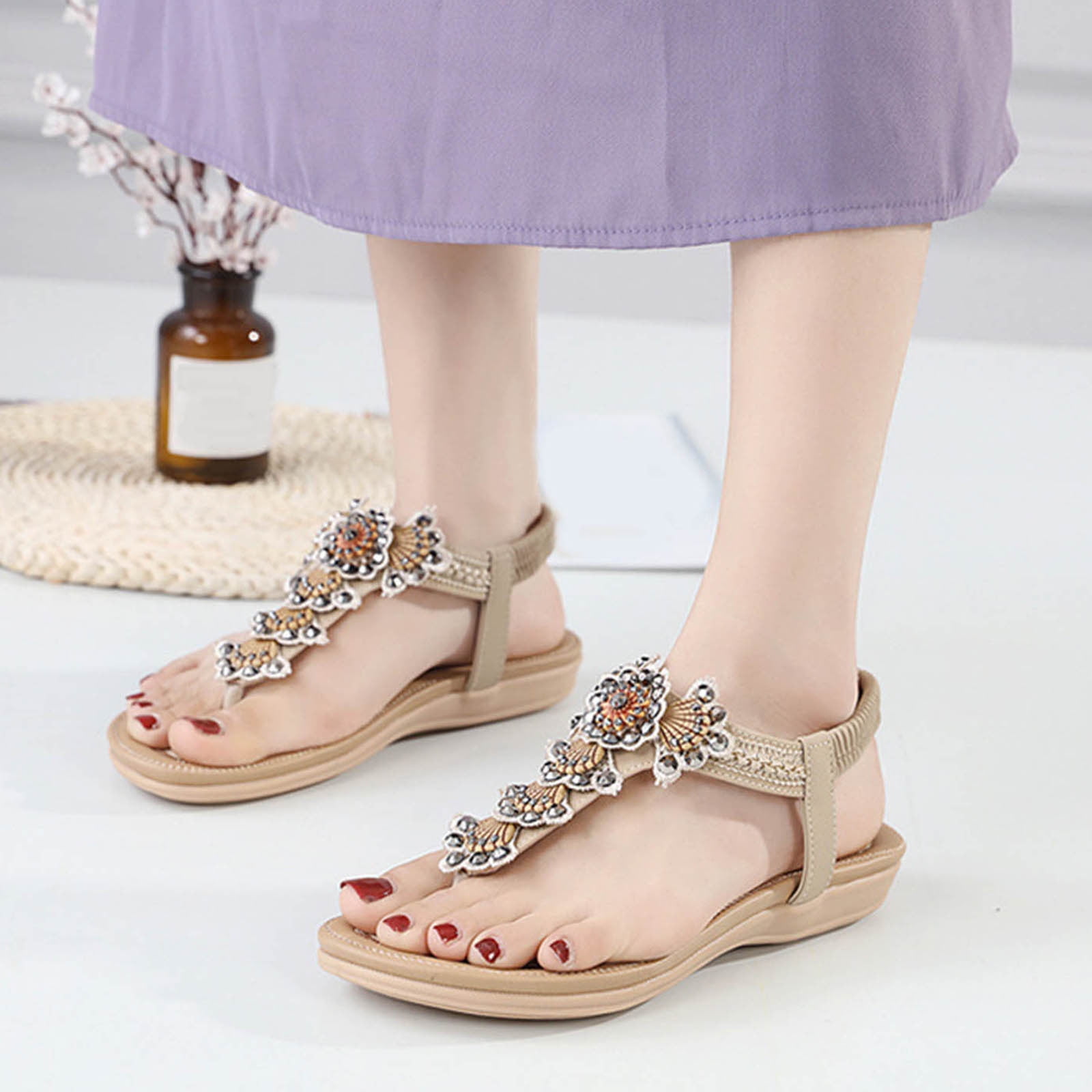 EQWLJWE Comfortable Sandals for Womens Flip Flops Summer Flats Sandals ...