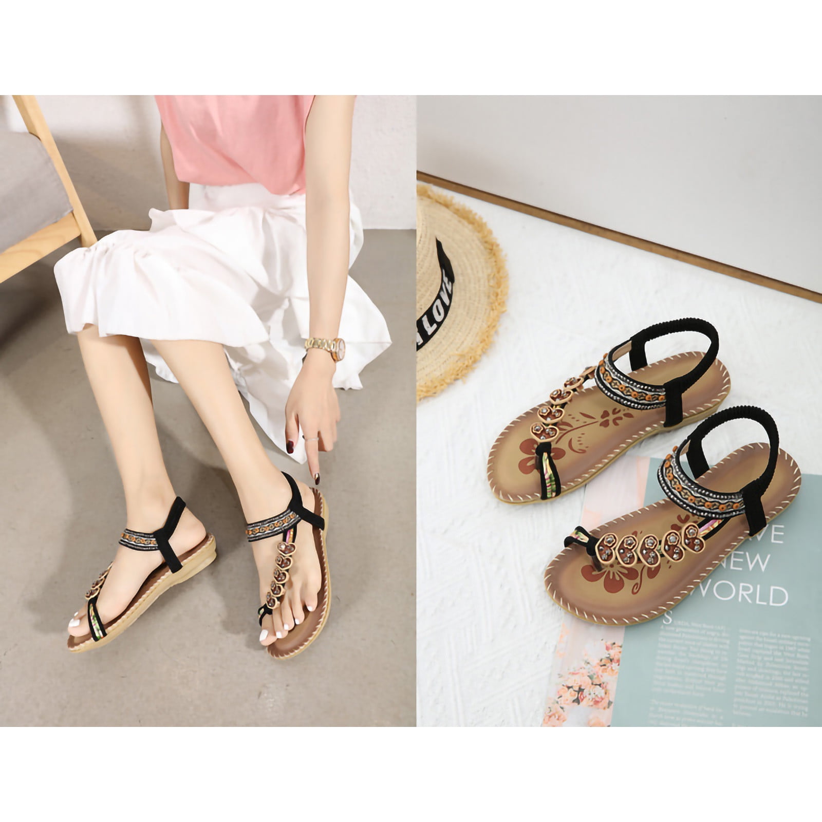 EQWLJWE Dress Sandals for Womens Sandals Comfort Slip-on Casual Flower ...