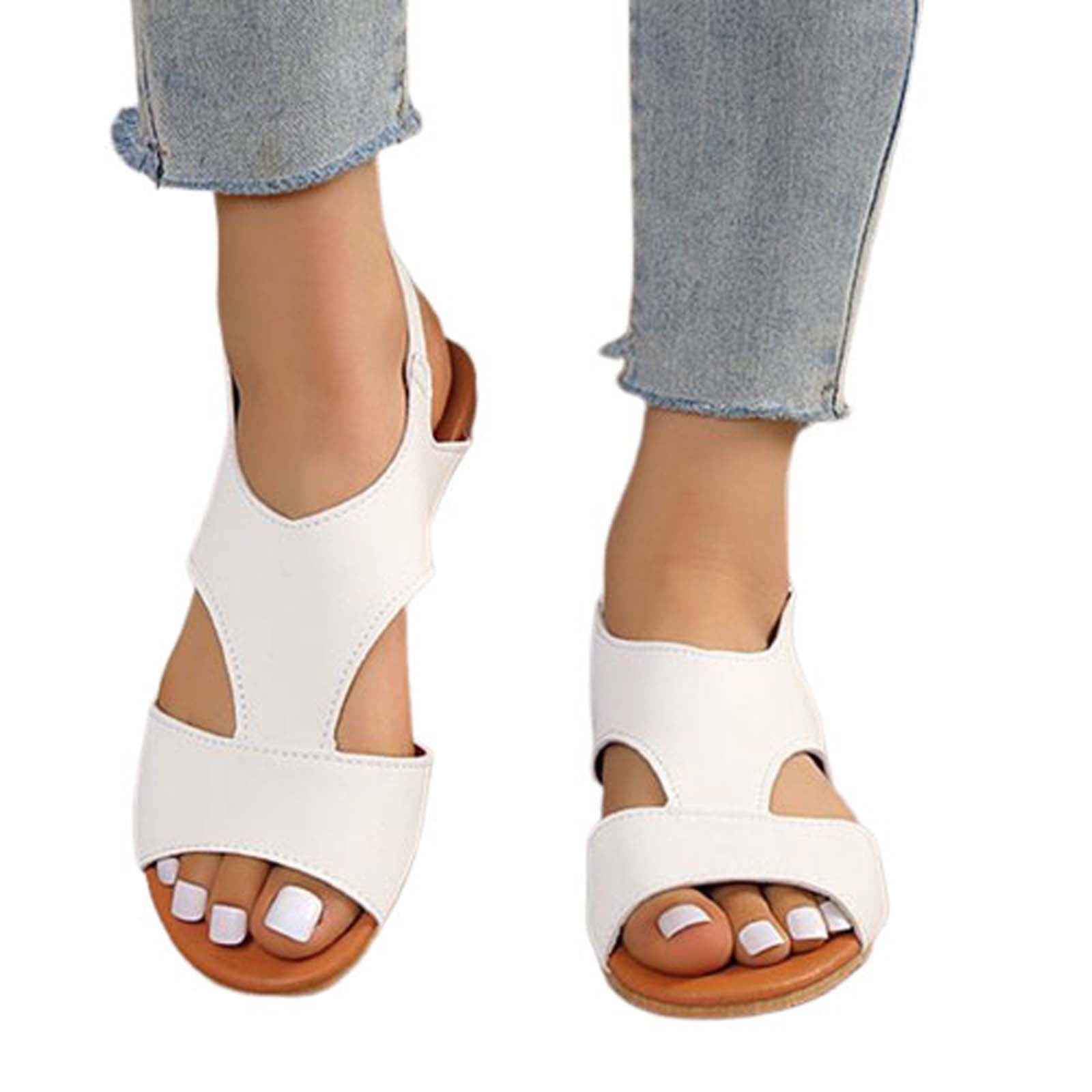 EQWLJWE Dress Sandals for Women's Solid Color Open Toe Ankle Strap Flat ...