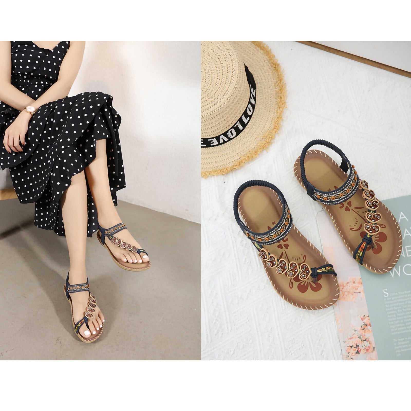 EQWLJWE Dress Sandals for Womens Sandals Comfort Slip-on Casual Flower ...