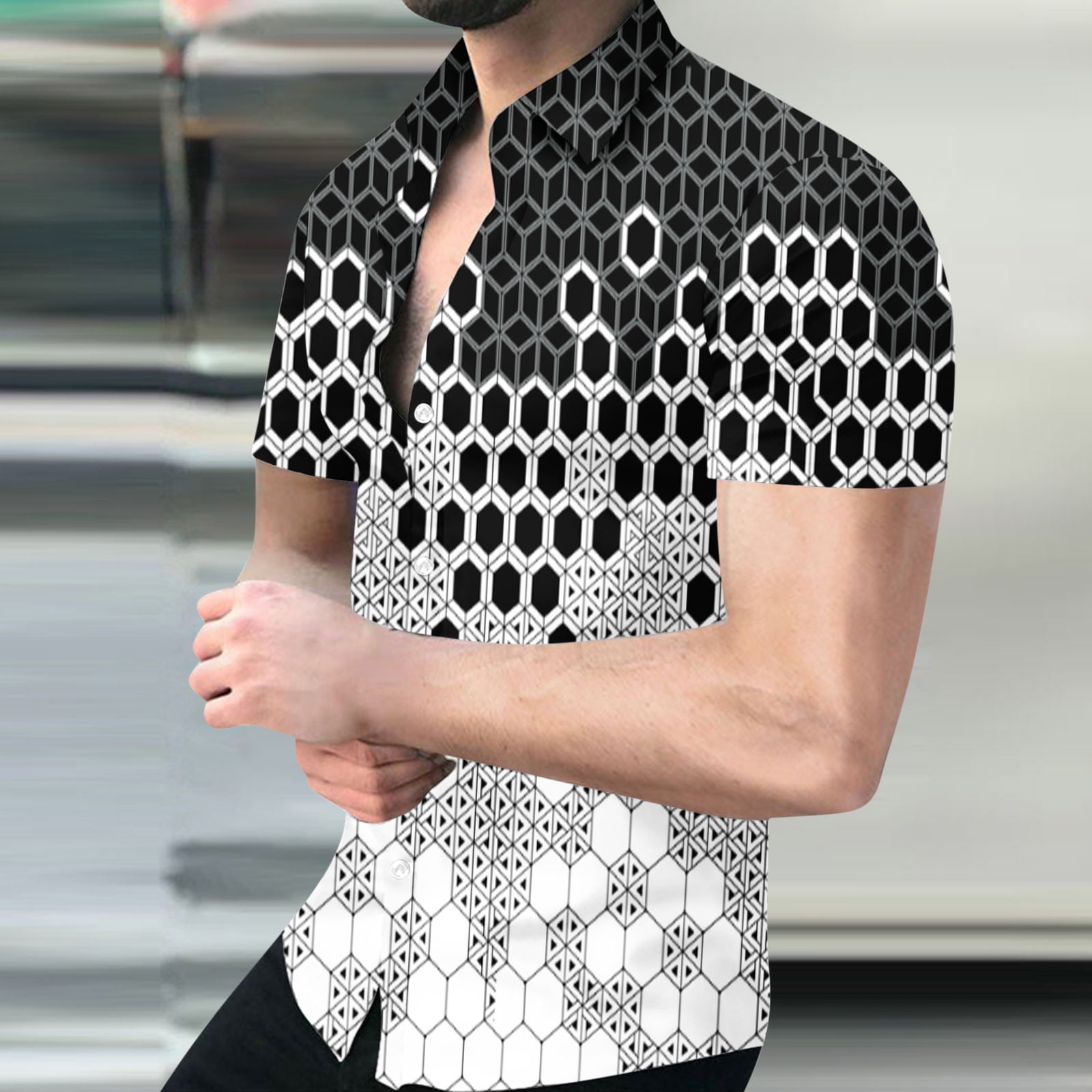 EQWLJWE Dress Shirt for Men's Geometric Beach Shirts Casual Button Up ...