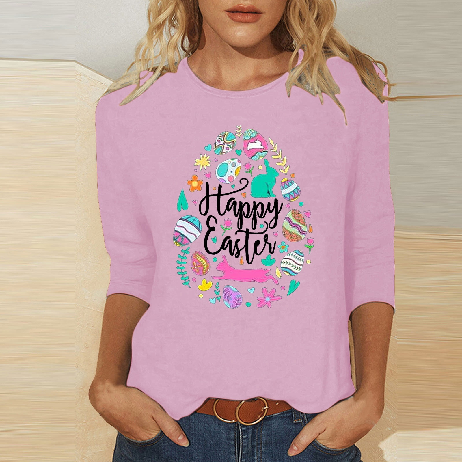 EQWLJWE Happy Easter Womens 3/4 Sleeve Cute Floral Eggs Graphic Letter ...