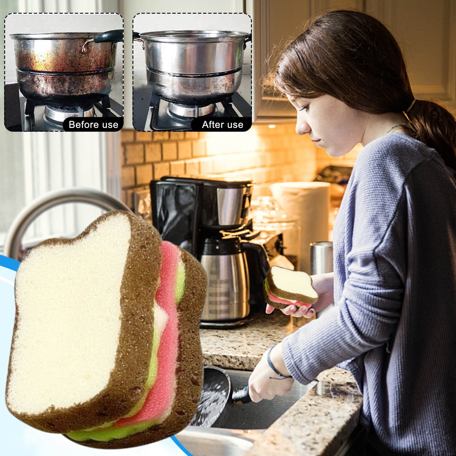 EQWLJWE Heavy Duty Scrub Sponges,Toast Shape Sponge,Cute Deep Cleaning ...