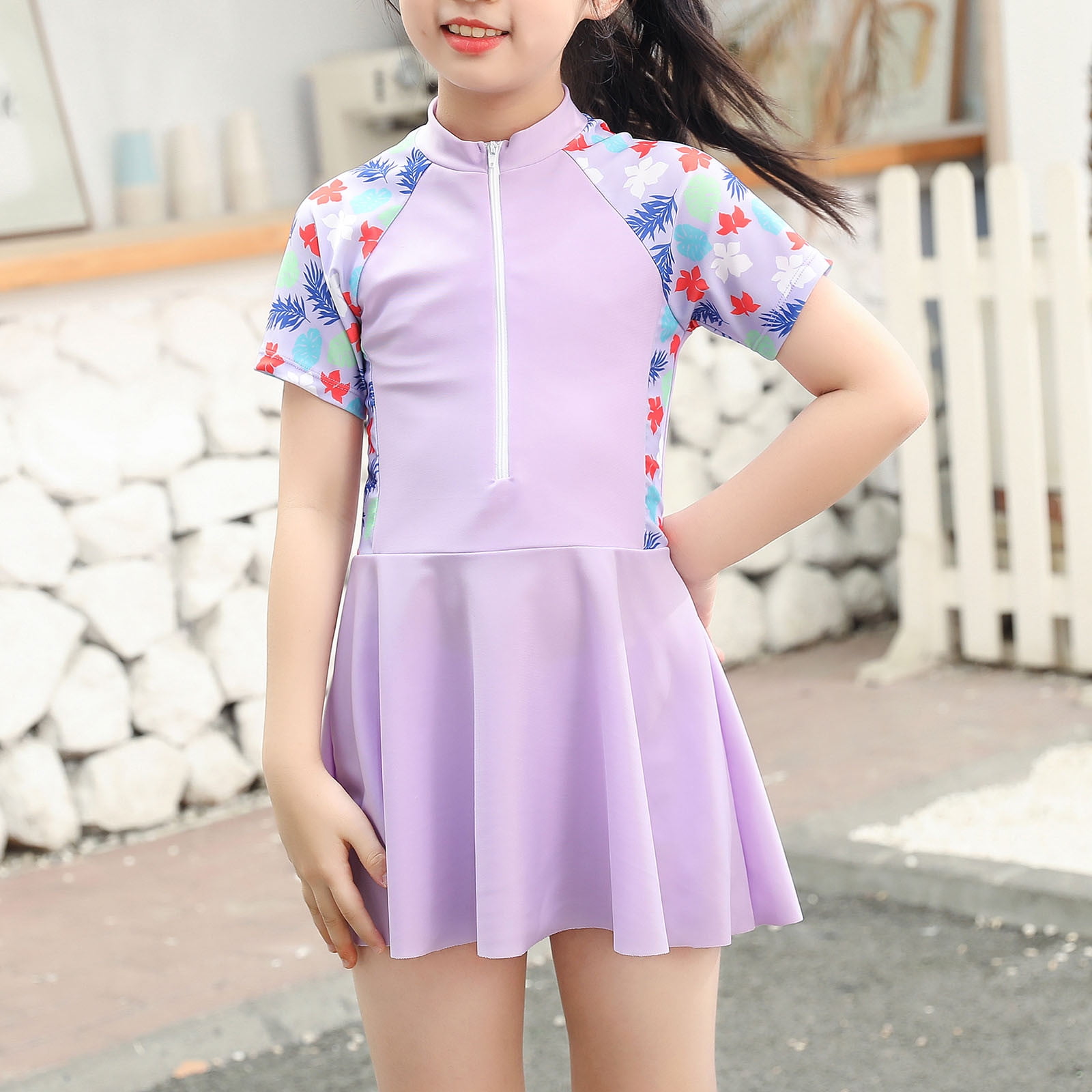 EQWLJWE Little Girl Swimsuit Two Piece Cute Flowers Leaf Print Short ...