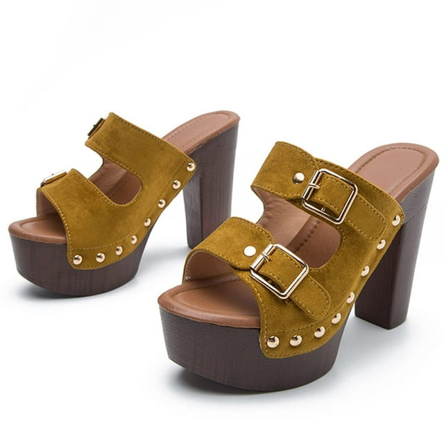 EQWLJWE Platform Super High Heels Mules for Women Chunky Block Studded ...