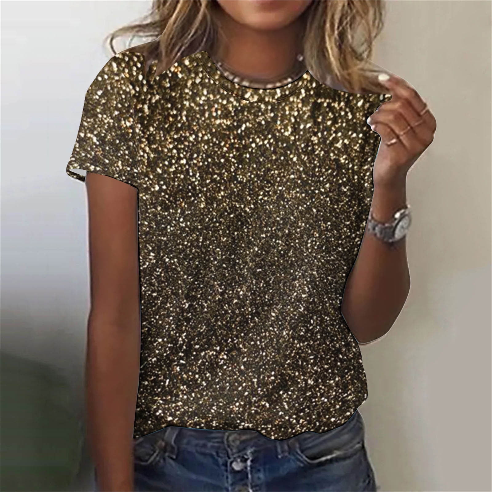 EQWLJWE Plus Size Sequin Tops for Women Summer Charming Short Sleeve ...