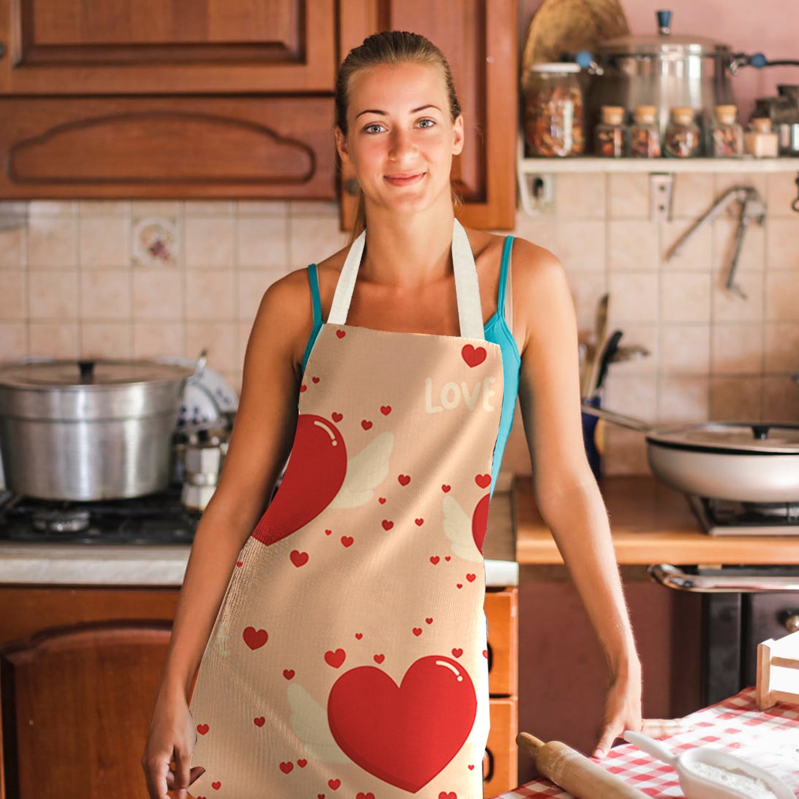 EQWLJWE Romantic Hearts Aprons With Pockets Kitchen Chef Waterproof ...