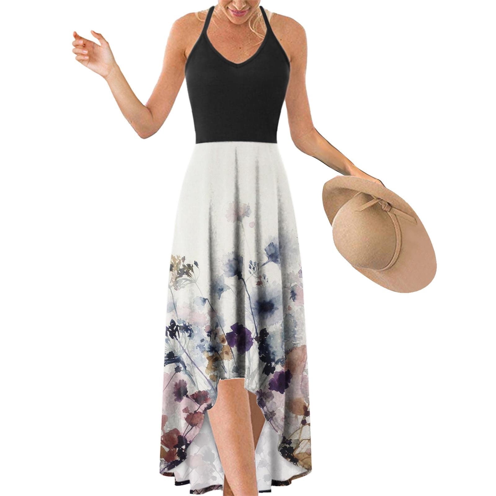EQWLJWE Summer Dress For Women Slim High Waist A Line Patchwork Tank ...
