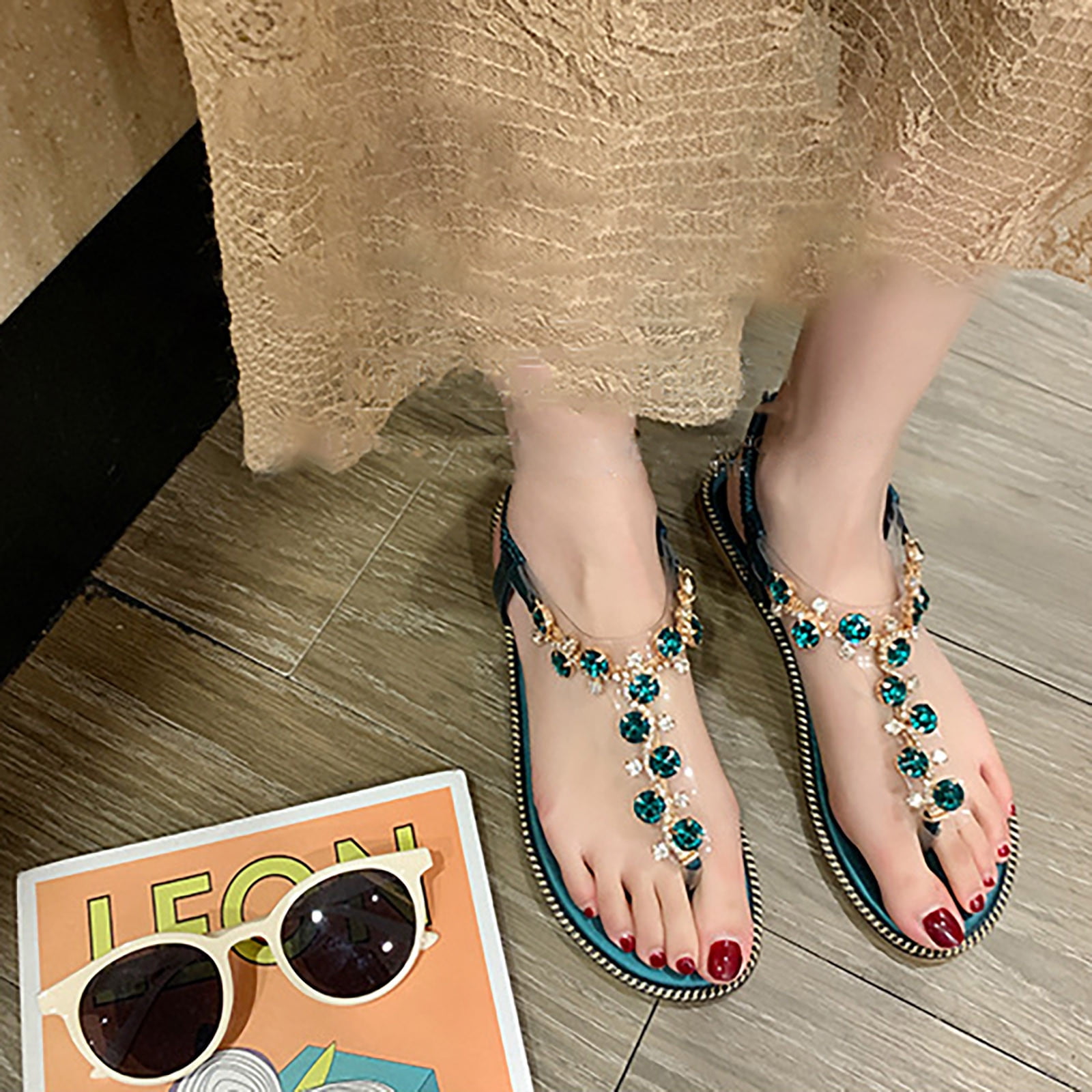 EQWLJWE Walking Sandals Women Thong Sandals Elastic T Strap Flip Flops ...