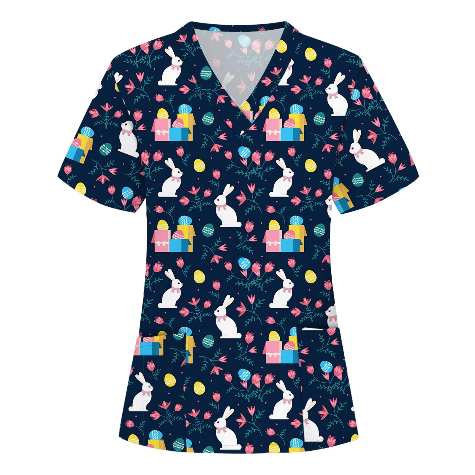 EQWLJWE Women Cartoon Animal Print Scrub Shirt Tops Short Sleeve v Neck ...