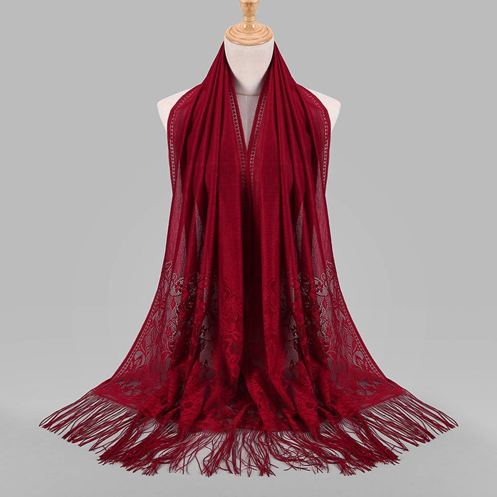 EQWLJWE Women Muslim Islamic Tassel Lace Hollow Long Hijab Scarf Shawl ...