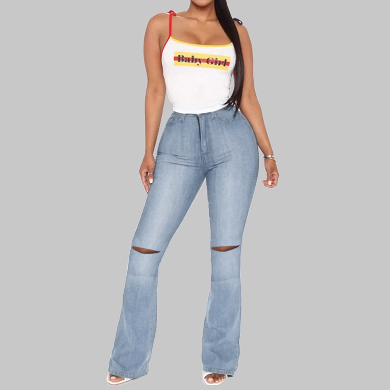 EQWLJWE Women's High Waist Slim Hole Burr Denim Micro Trumpet Pants ...