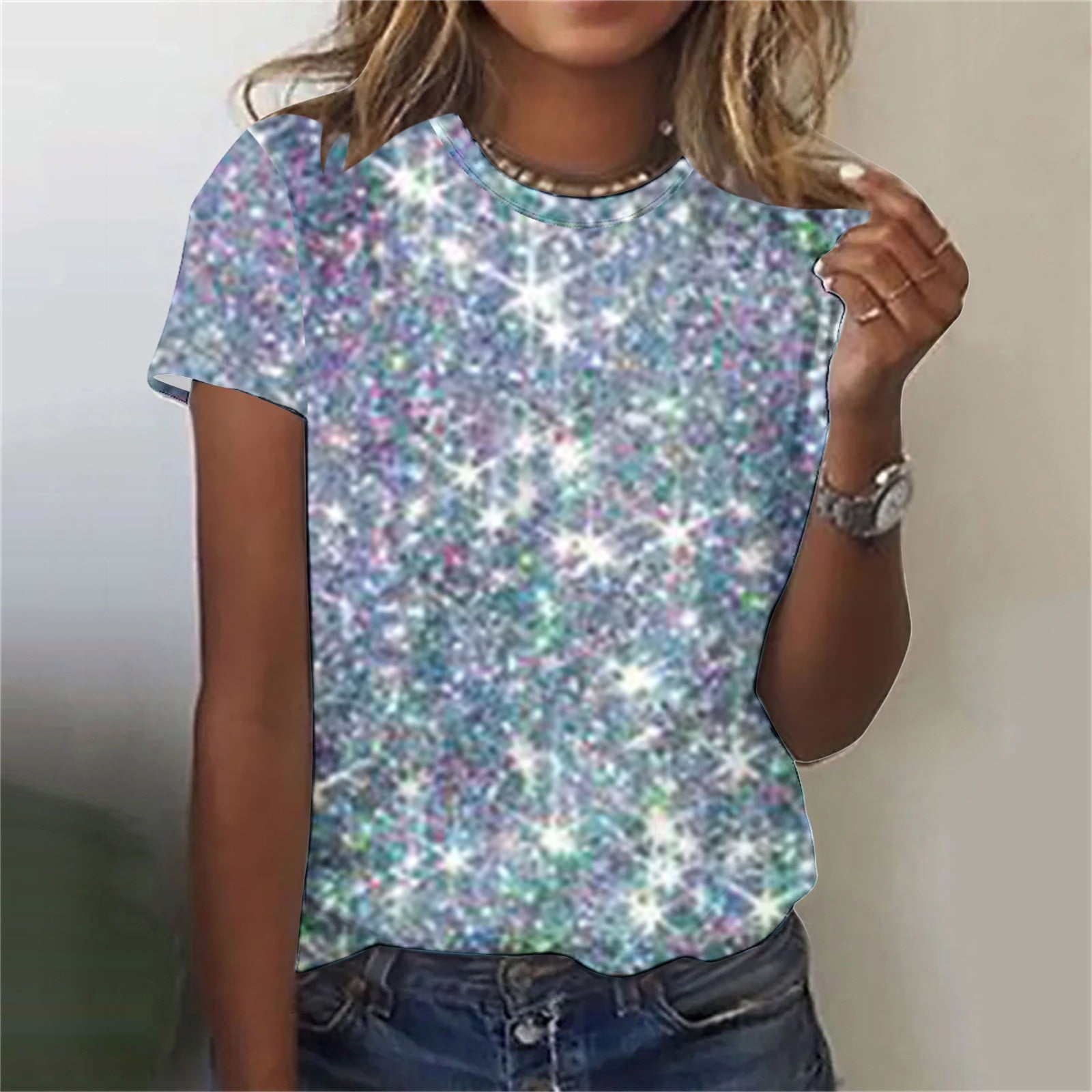 EQWLJWE Women's Oversized Sparkly Sequin Tops Trendy Short Sleeve ...