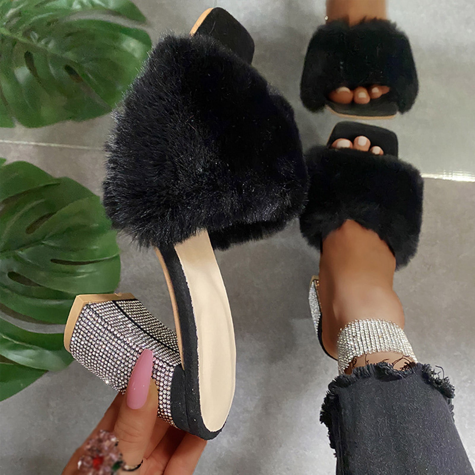 EQWLJWE Women's Square Toe High Heel Sandals Fuzzy Heels heels Wedding ...