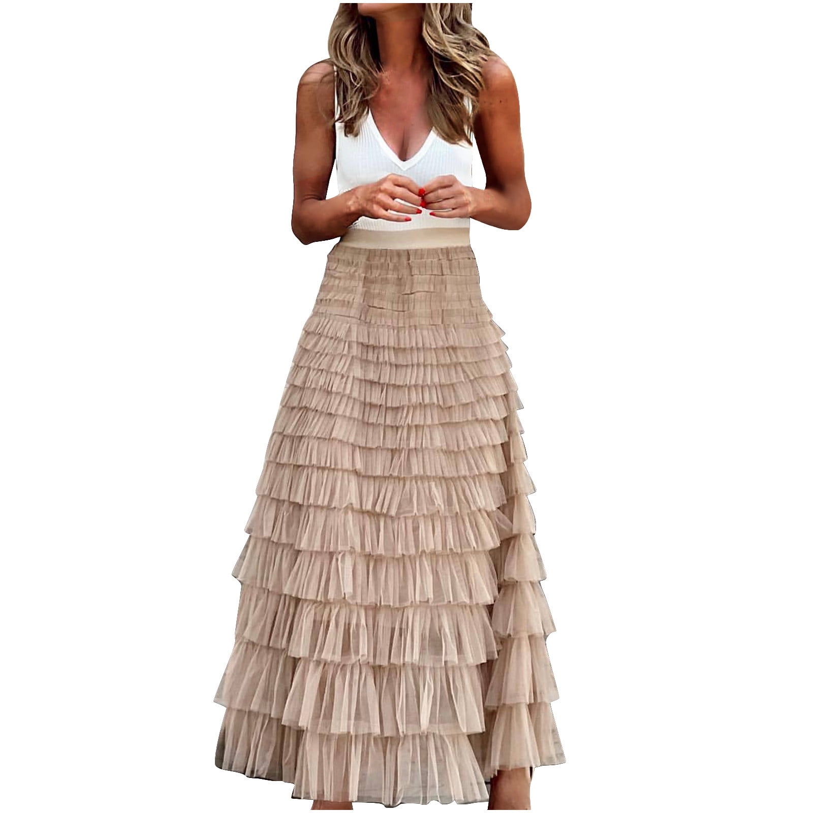 EQWLJWE Womens Layered Pleated Maxi Skirt,Elastic High Waist Multilayer ...