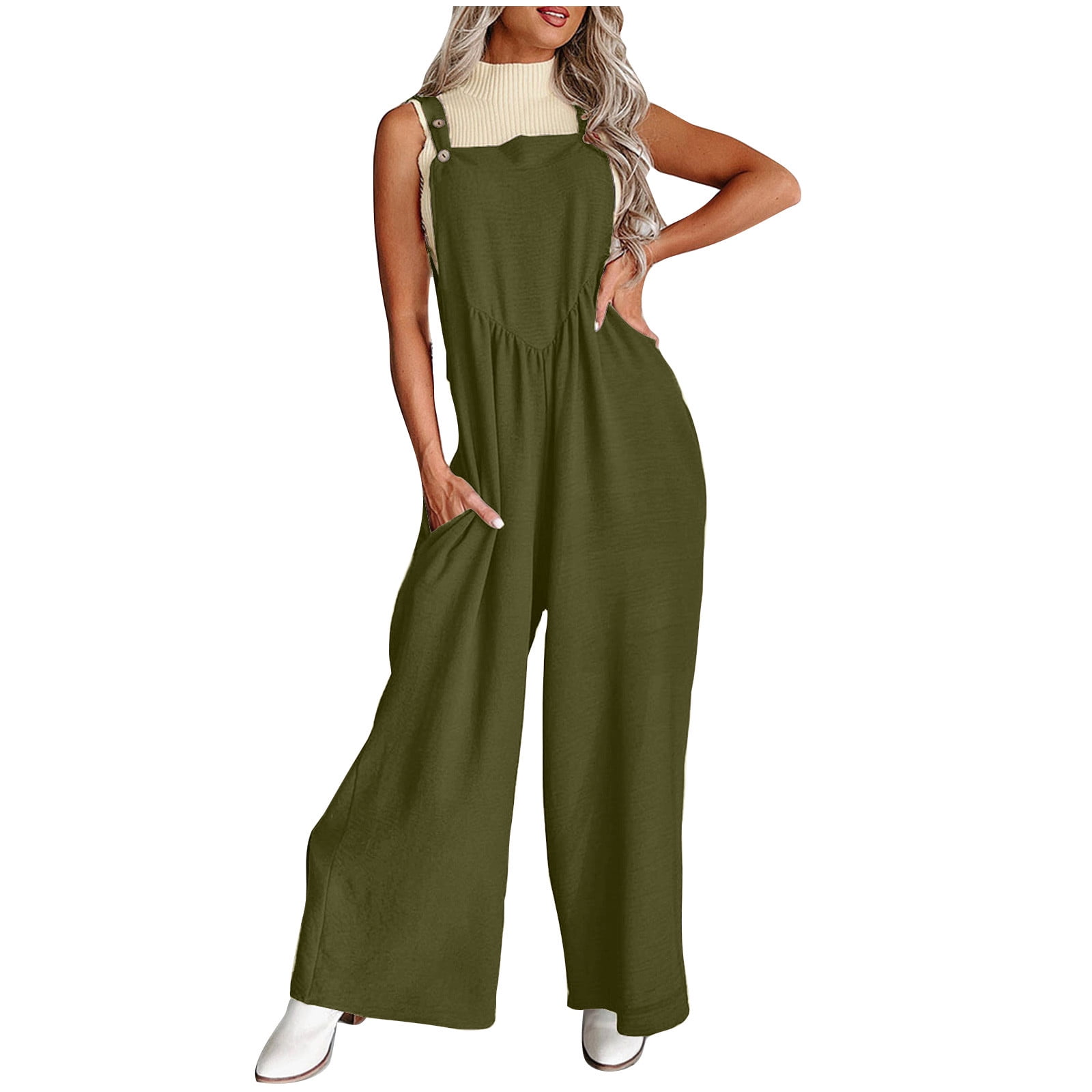 EQWLJWE Womens Overalls Jumpsuit Dressy Loose Sleeveless Adjustable ...