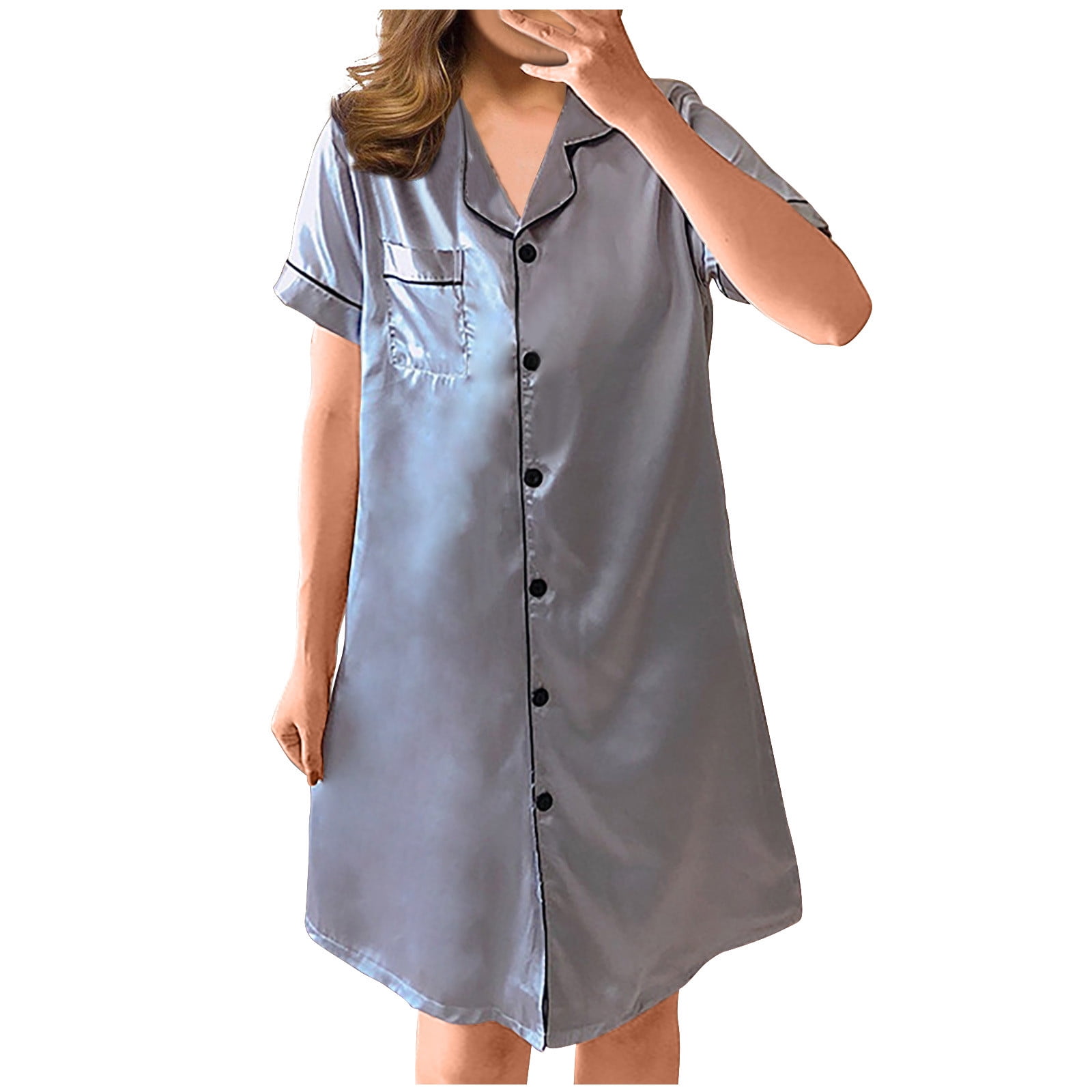 EQWLJWE Womens Satin Sleep Shirt Long Sleeve Sleepwear Solid Color ...