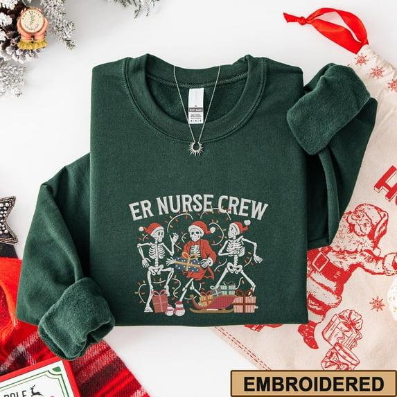 ER Nurse Crew Embroidered Christmas Sweatshirt, Funny Skeleton Nurse ...