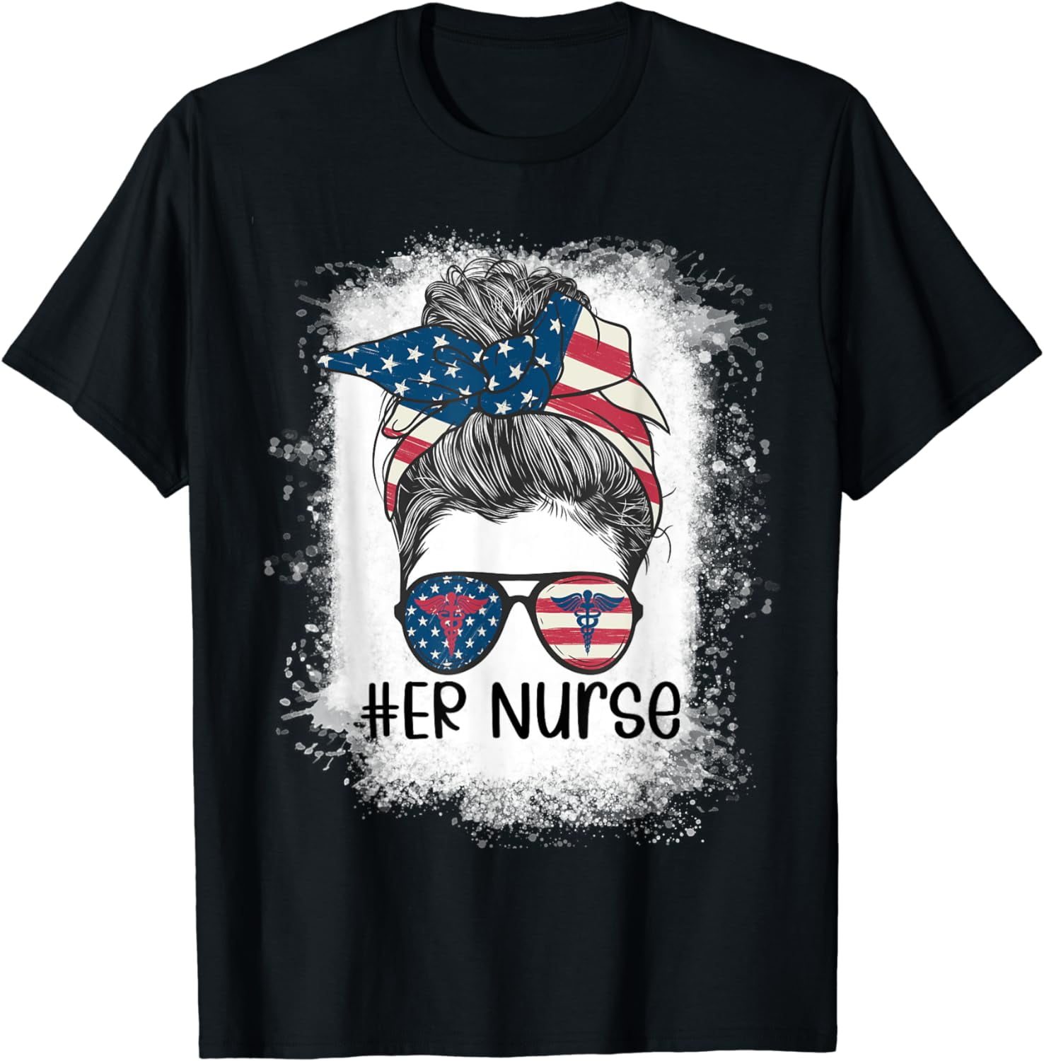 ER Nurse Messy Bun American Flag Patriotic Emergency RN T-Shirt ...