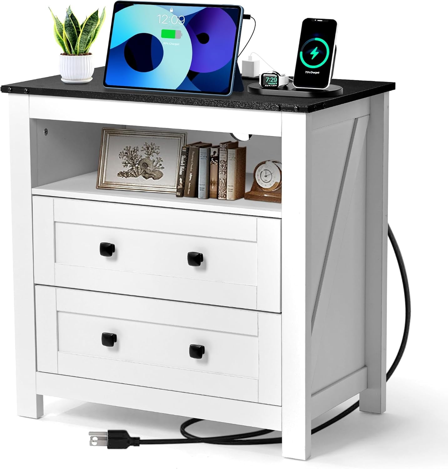 ERAMENT 28" Wide Farmhouse End Table with Charging Station, Rustic Wood ...