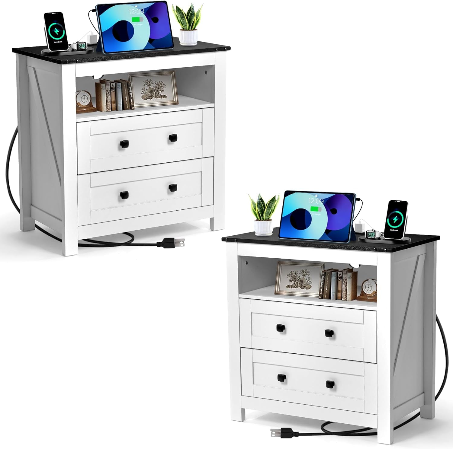 ERAMENT 28" Wide Farmhouse End Table Set 2 with Charging Station ...