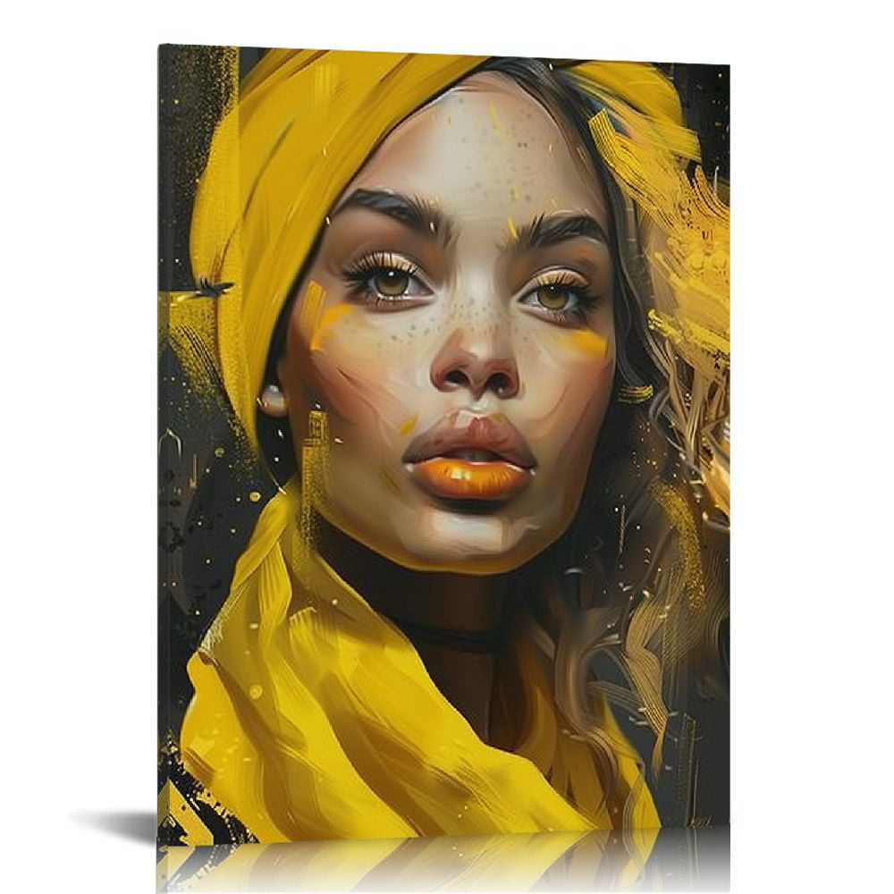 ERAPDAUR African American Canvas Wall Art Black Women Yellow Hair Scarf Pictures Abstract Wall ...