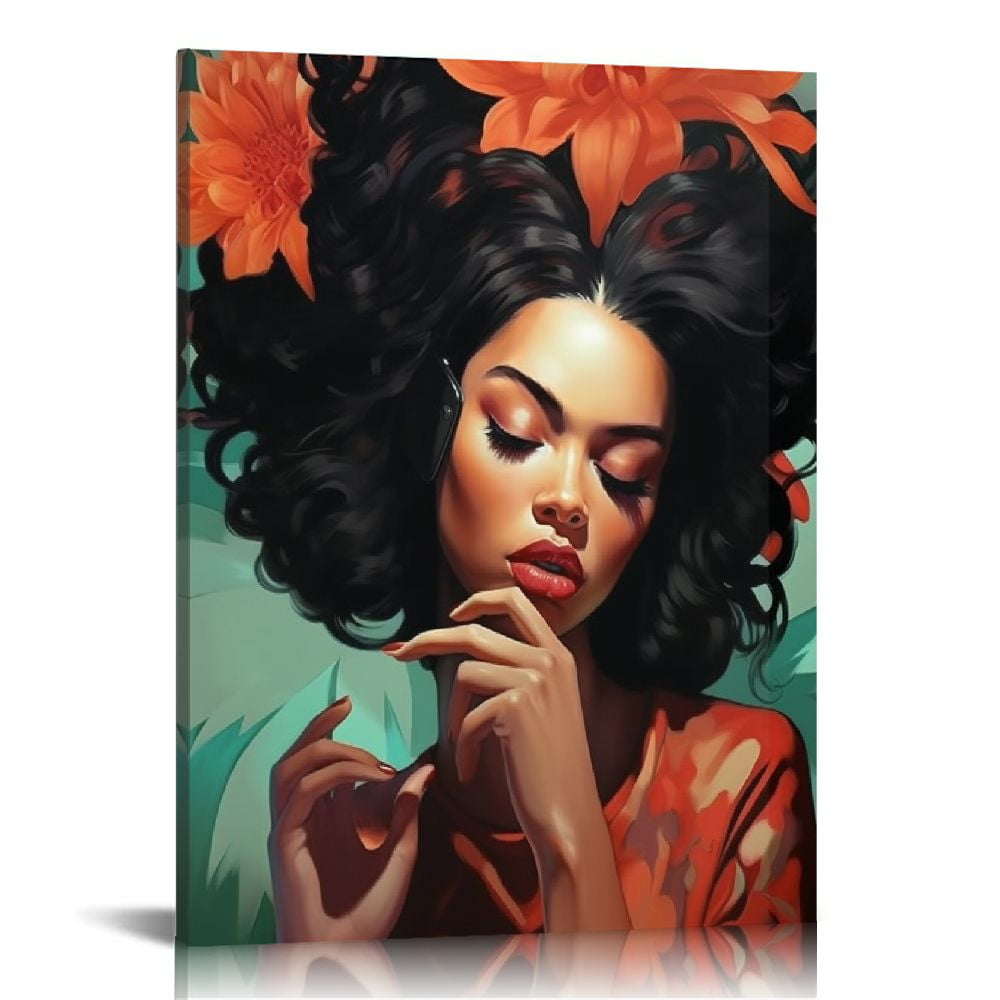 ERAPDAUR African American Canvas Wall Art Flowers Head Woman Pictures Black Girl Art Prints for ...