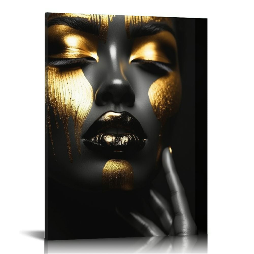 ERAPDAUR African American Woman Canvas Wall Art Black Gold Woman Wall Picture Black Girl ...