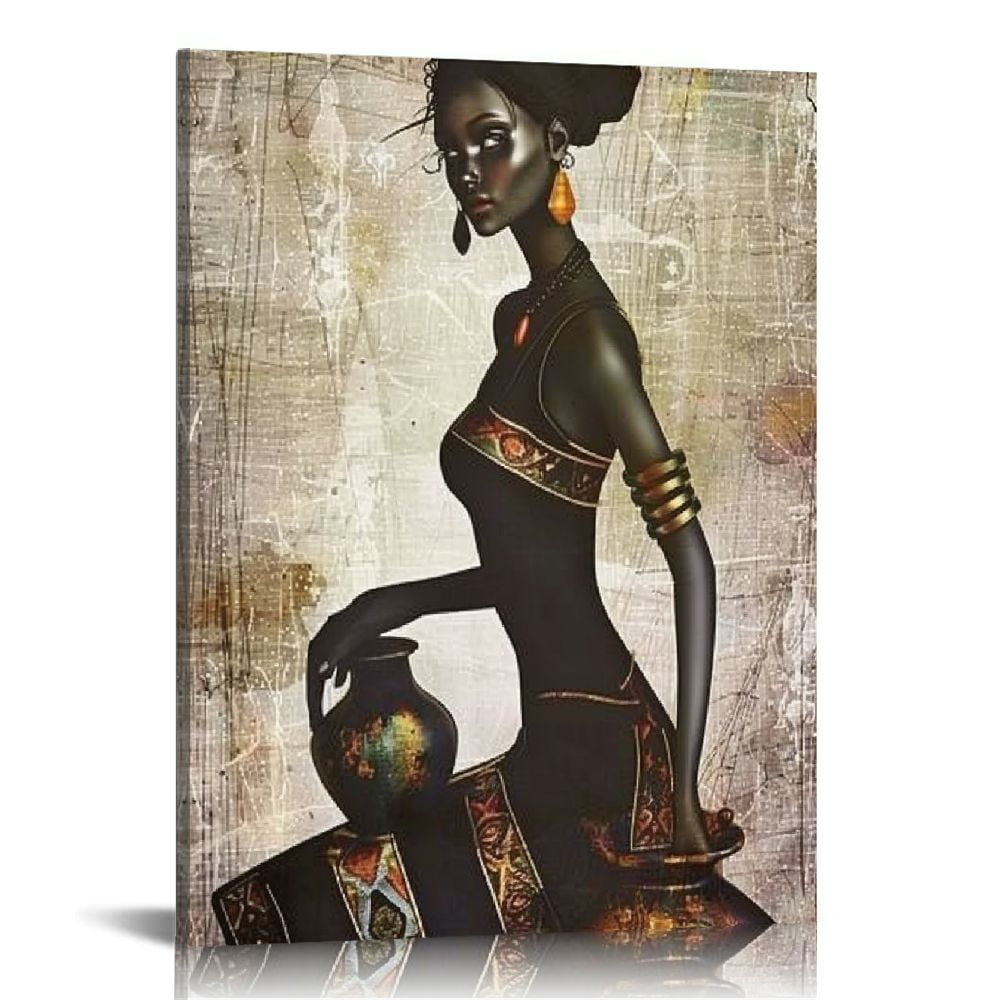 ERAPDAUR African Woman Canvas Wall Art African Ethnic Tribe Lady Painting Traditional Black Girl ...