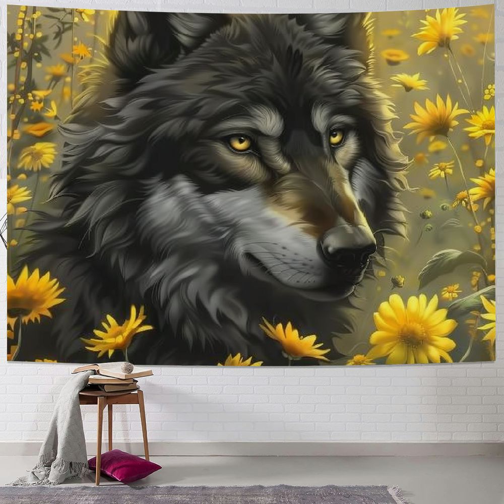 ERAPDAUR Animal Tapestry Black Wolf Yellow Flower Wall Hanging ...