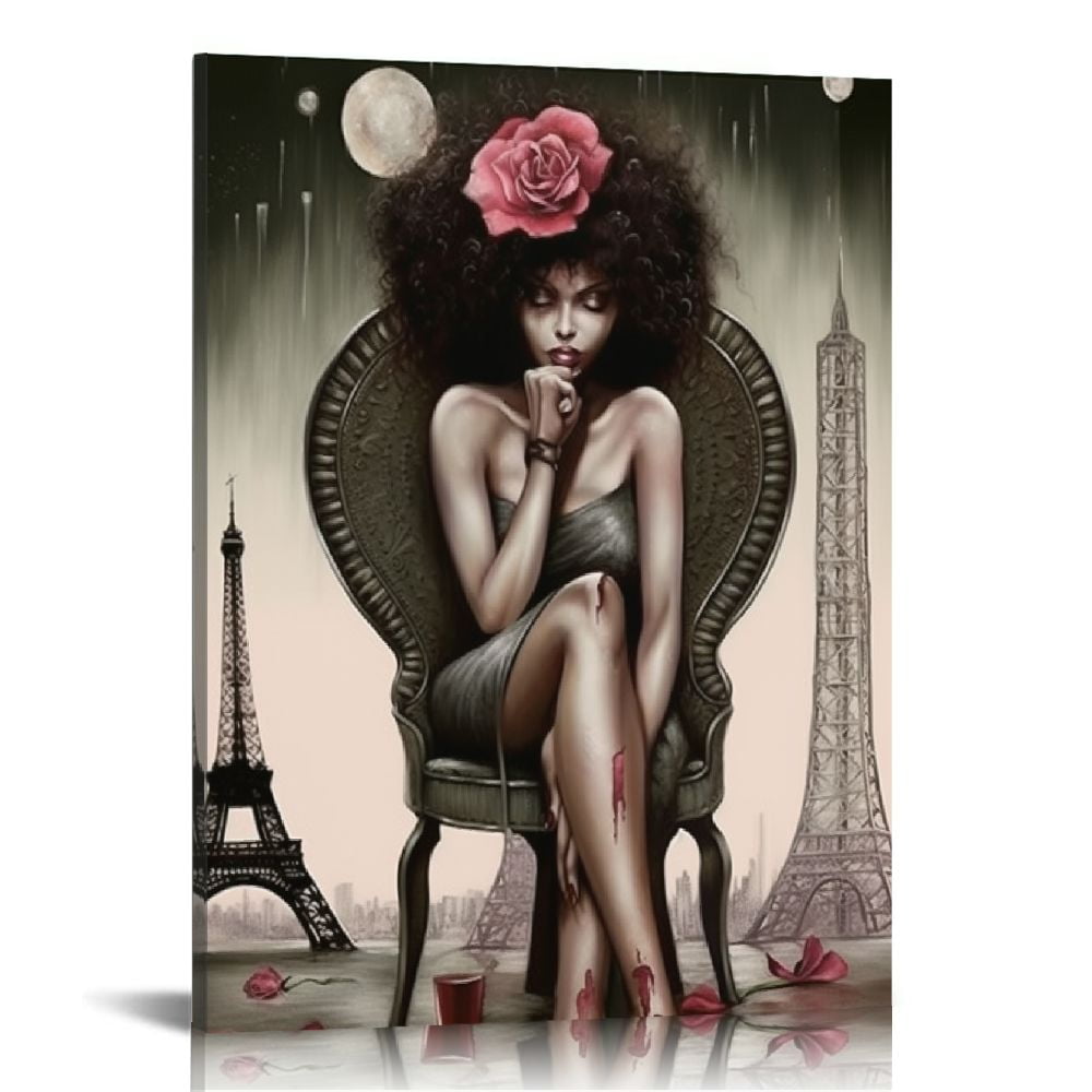 ERAPDAUR Black Girl African American Wall Art Decor Women Pink And Grey On Beach Eiffel Tower ...