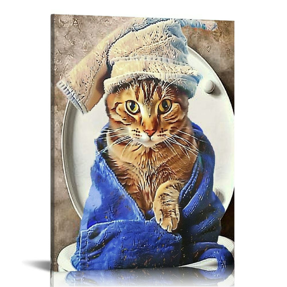 ERAPDAUR Funny Bathroom Cat Wall Art Bathroom Animal Cat on Toilet ...