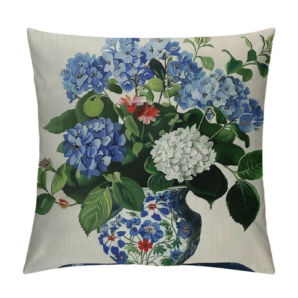 ERAPDAUR Green and Blue Hydrangea Floral Pillow Covers Chinoiserie Vase ...