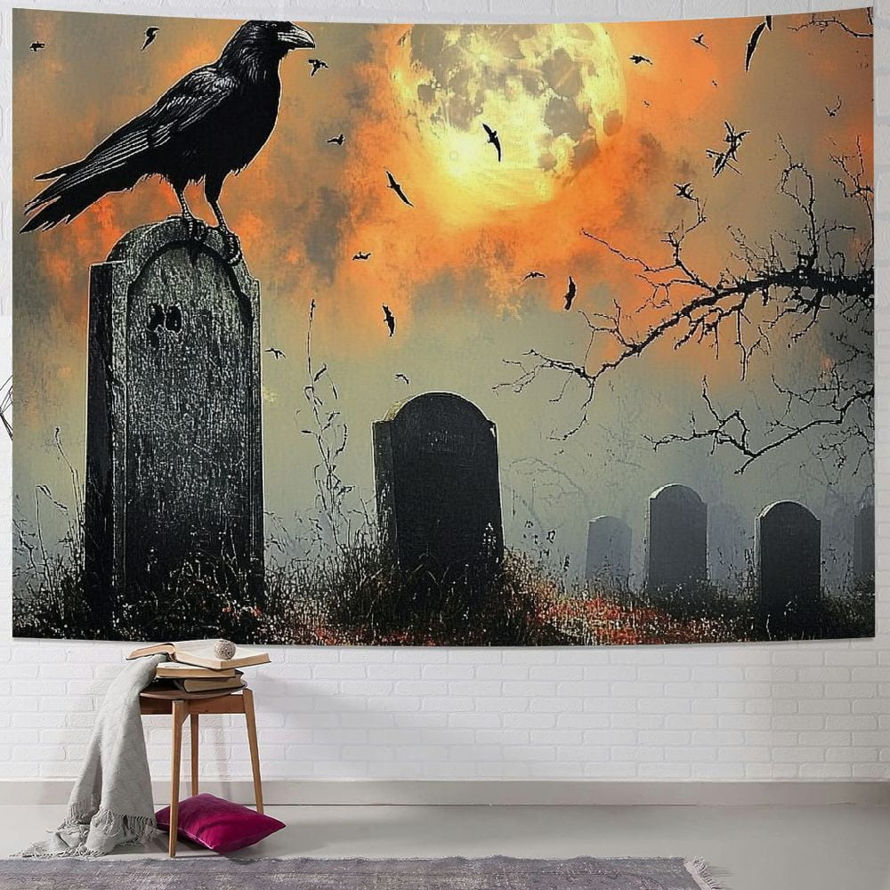ERAPDAUR Horror Halloween Tapestry Black Crow and Dead Tree in Scary ...