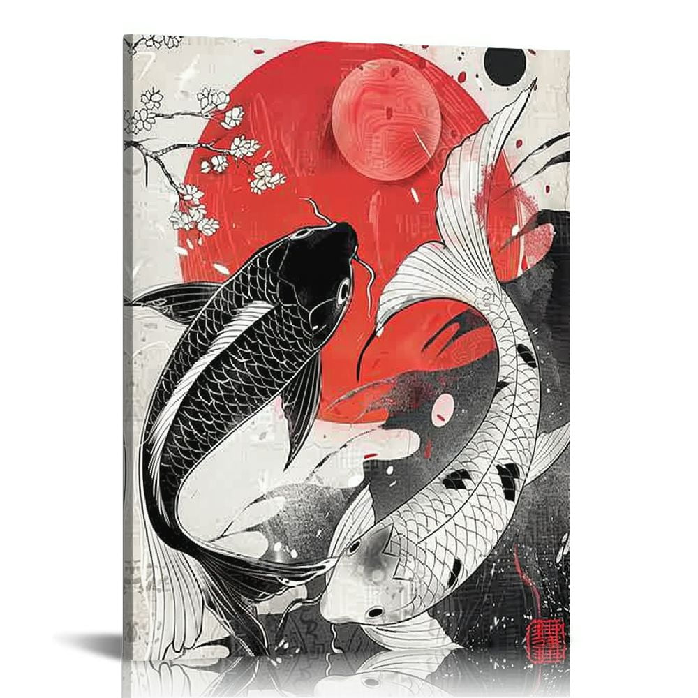 ERAPDAUR Japanese Yin Yang Wall Art-Koi Fish Wall Decor Cherry Blossoms Canvas Wall Art Painting ...