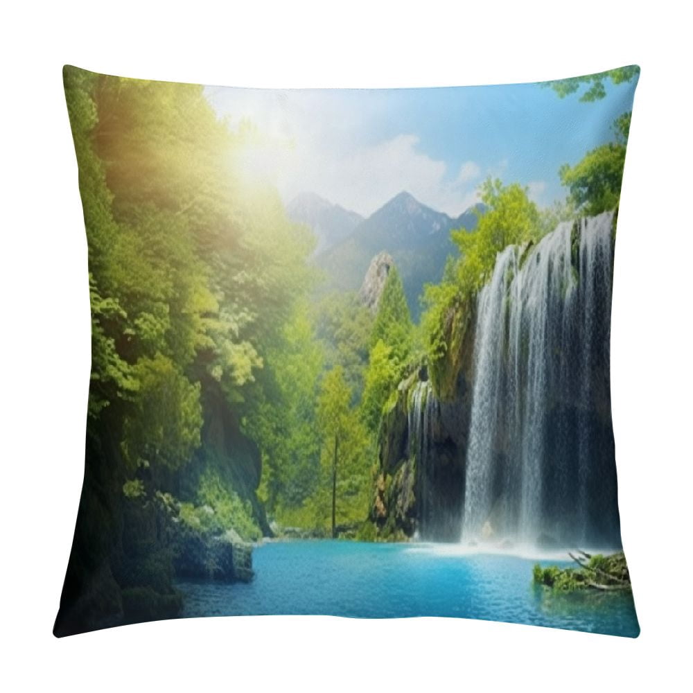 ERAPDAUR Mountain Throw Pillow Covers Waterfall Sunshine Beautiful Pool ...
