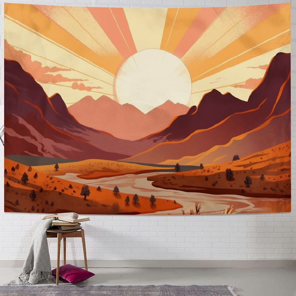 ERAPDAUR Orange Bohemian Sun Art Tapestry Aesthetic Sunset Vintage 70s ...