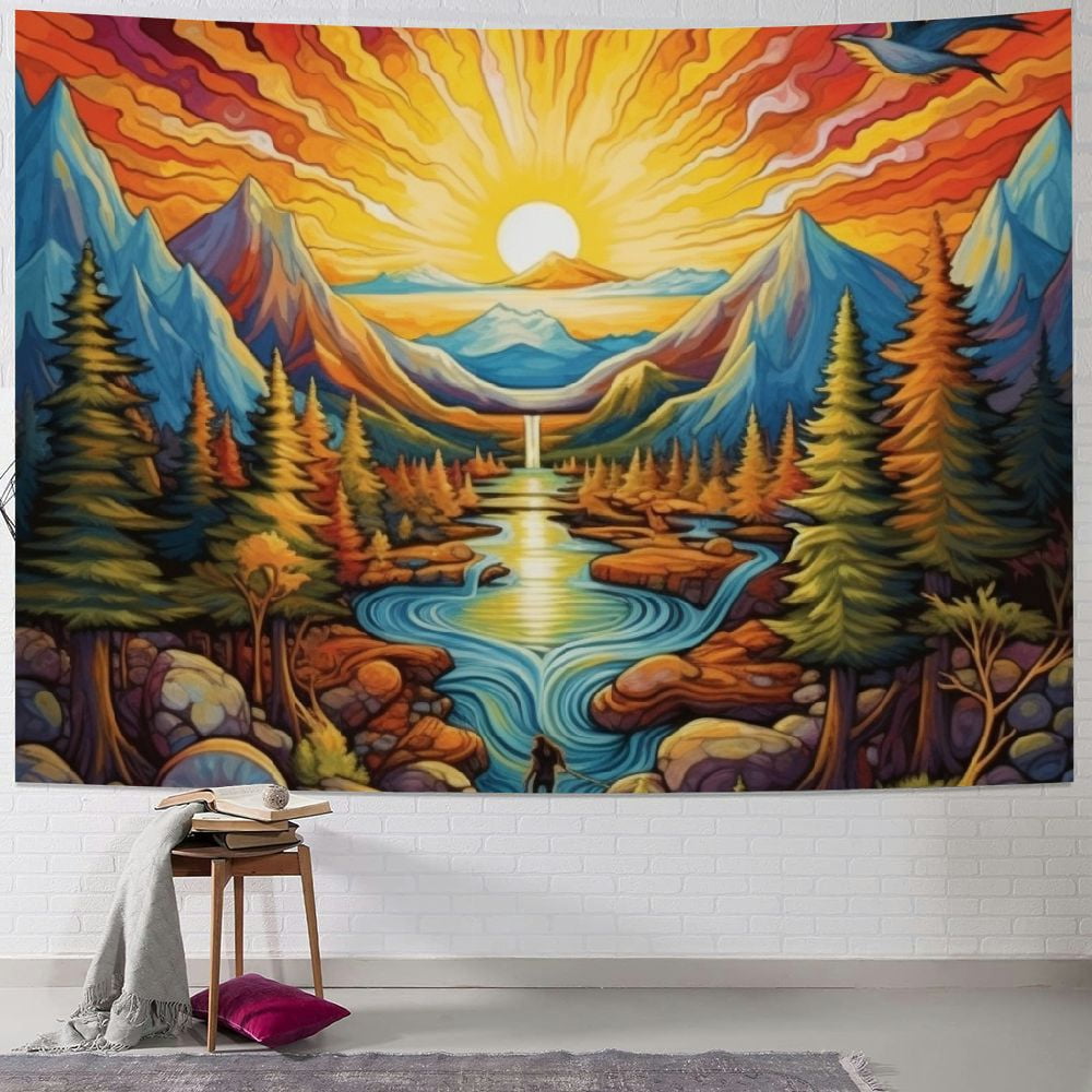 ERAPDAUR Sun Mountain Tapestry Trippy Forest Tree Tapestry Vintage ...