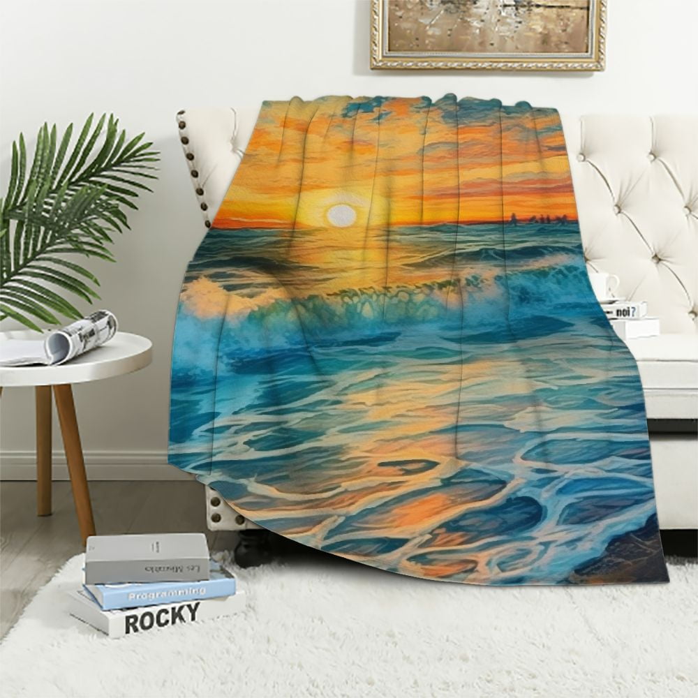 ERAPDAUR Sunset Ocean Waves Person Walking Print Blanket Super Soft for ...